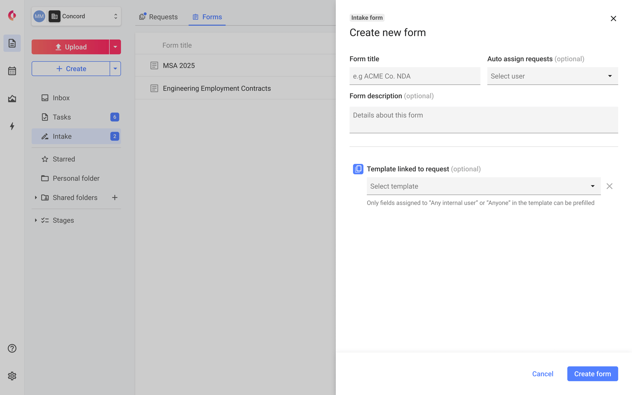 Creating and Managing Intake Forms in Concord